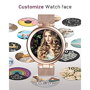 Smart Watch for Women IP68 Waterproof, Round Women's Watch for iOS Android Phones Fitness Tracker Smartwatch with Heart Rate Monitor Steps/Sleep Tracker Slim Gold (Sport & Metal Bands Included), LYNN