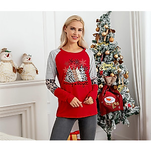 Christmas T Shirt Womens Merry and Bright Shirt Xmas Leopard Print Tree T-Shirt Holiday Graphic Tee Tops (Red, XX-Large)