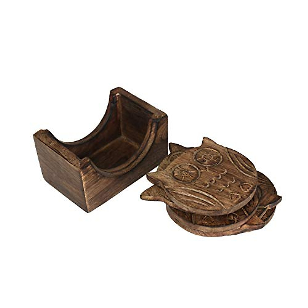 NIRMAN Wooden Crafted Coaster Set of 6 with Coasters Holder for Drink Bar Coaster Tea Coffee Mug Tabletop Barware Drink Handmade Dining Home Decor (Owl Shape)