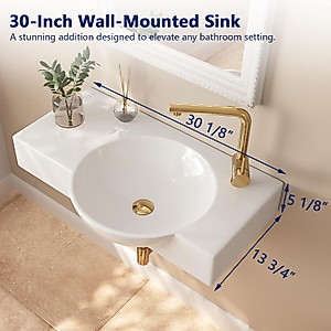 DeerValley Wall Mount Sink,30"x18" Bathroom Vessel Sink,White Ceramic Bathroom Sink,Wall Hung Sink with Right Side Faucet Mount