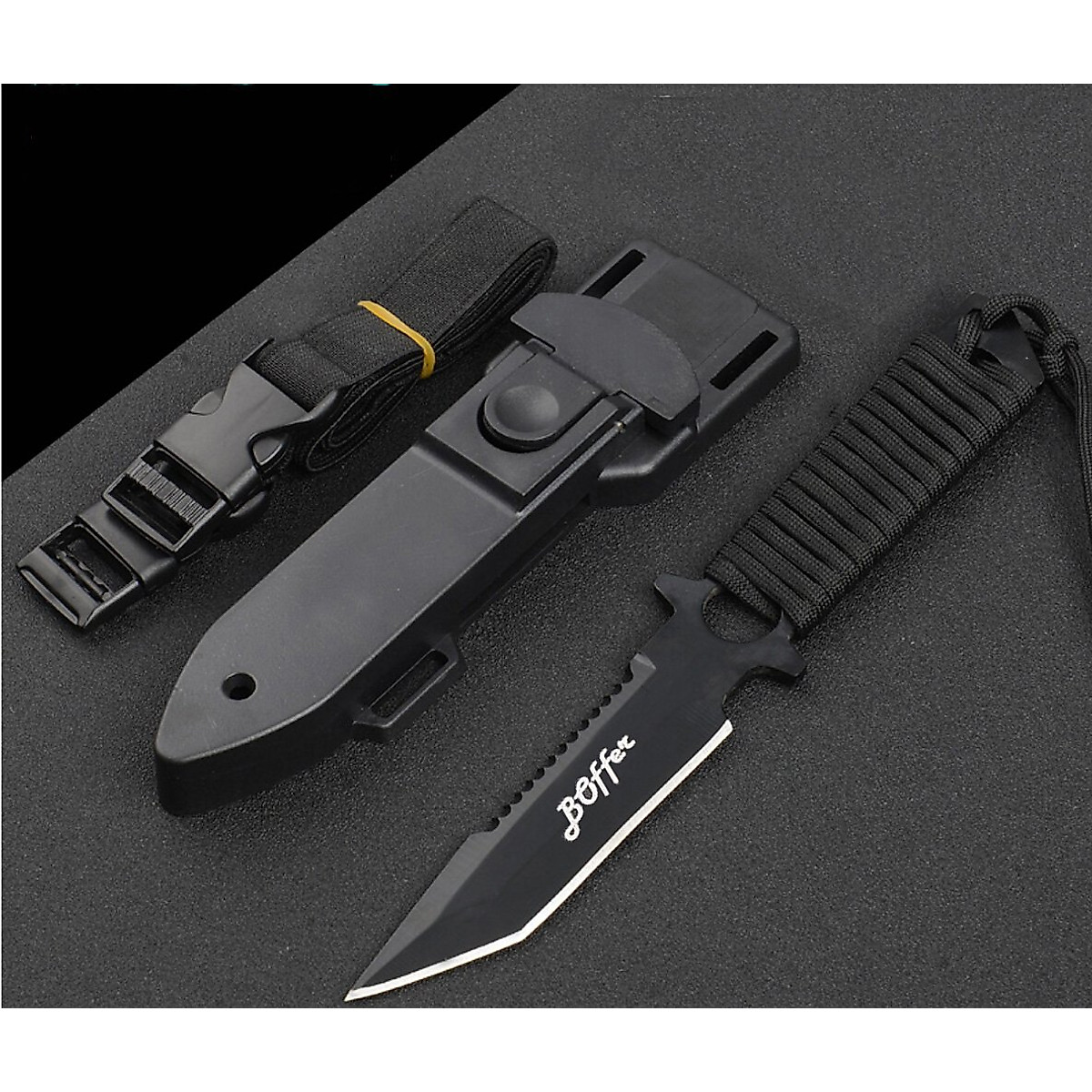 Dive Knife Scuba Diving Knife, Black Tactical Sharp Blade knives, Divers dive tool with 2 Types Sheaths,Sawing Edge and 2 Pairs Leg Straps for Snorkeling,Hunting,Camping
