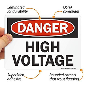 SmartSign (Pack of 4) 5 x7 inch “Danger - High Voltage” OSHA Sticker Labels, 5 mil Laminated Polyester with SuperStick Adhesive, Red, Black and White