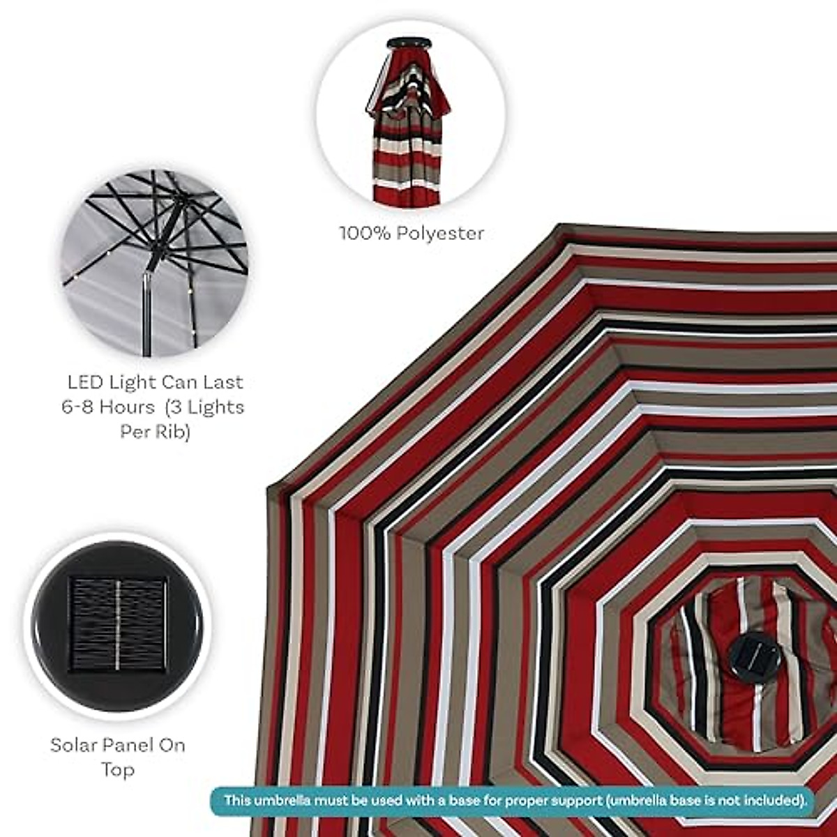 Sunnydaze 9 Foot Outdoor Patio Umbrella with Solar Lights & Tilt/Crank, LED, Awning Stripe