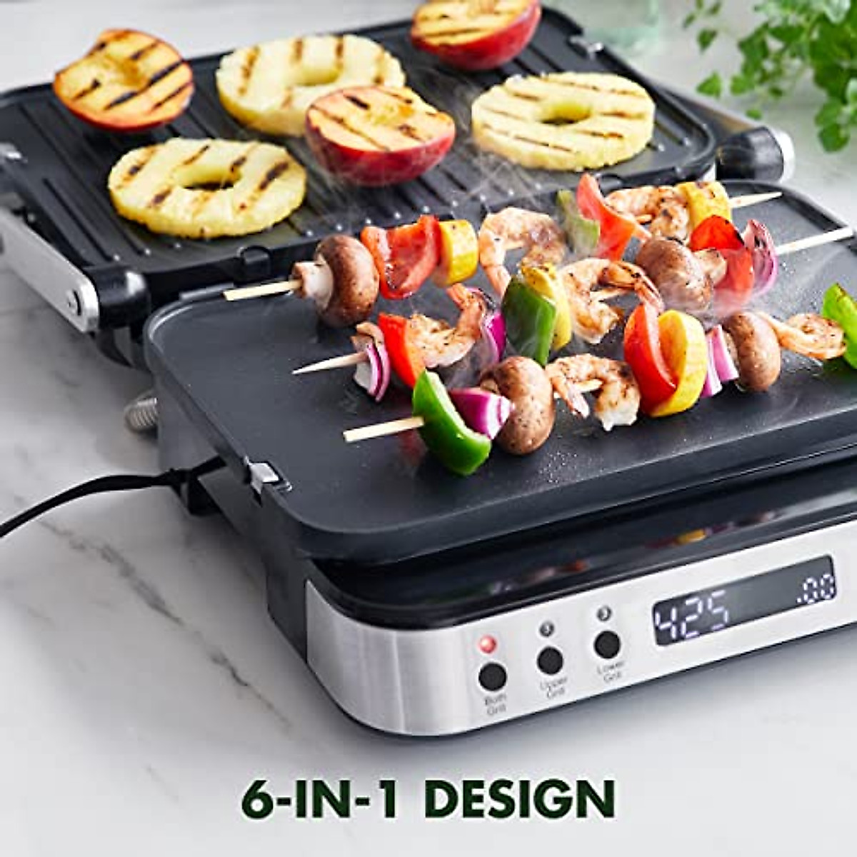 GreenPan Electric Indoor Stainless Steel 6-in-1 Contact Grill and Griddle, Healthy Ceramic Nonstick, Dishwasher Safe Reversible Plates, PFAS-Free