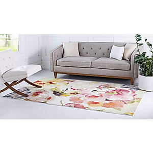 Unique Loom Lyon Collection Modern Watercolor Floral Area Rug, 9 x 12 ft, Ivory/Pink