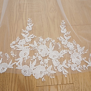 Vintage Floral Wedding Veil, One Layer Cathedral Bridal Veil, Lace Appliqued Soft Tulle Long Veil, Dramatic Bridal Accessory (118inches, Offwhite)