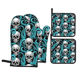 Skull Oven Mitts and Pot Holders 4pcs Sets，Funny Kitchen High Heat Resistant Oven Mitts，with Oven Gloves and Hot Pads Pot Holders for Baking Cooking BBQ Grilling