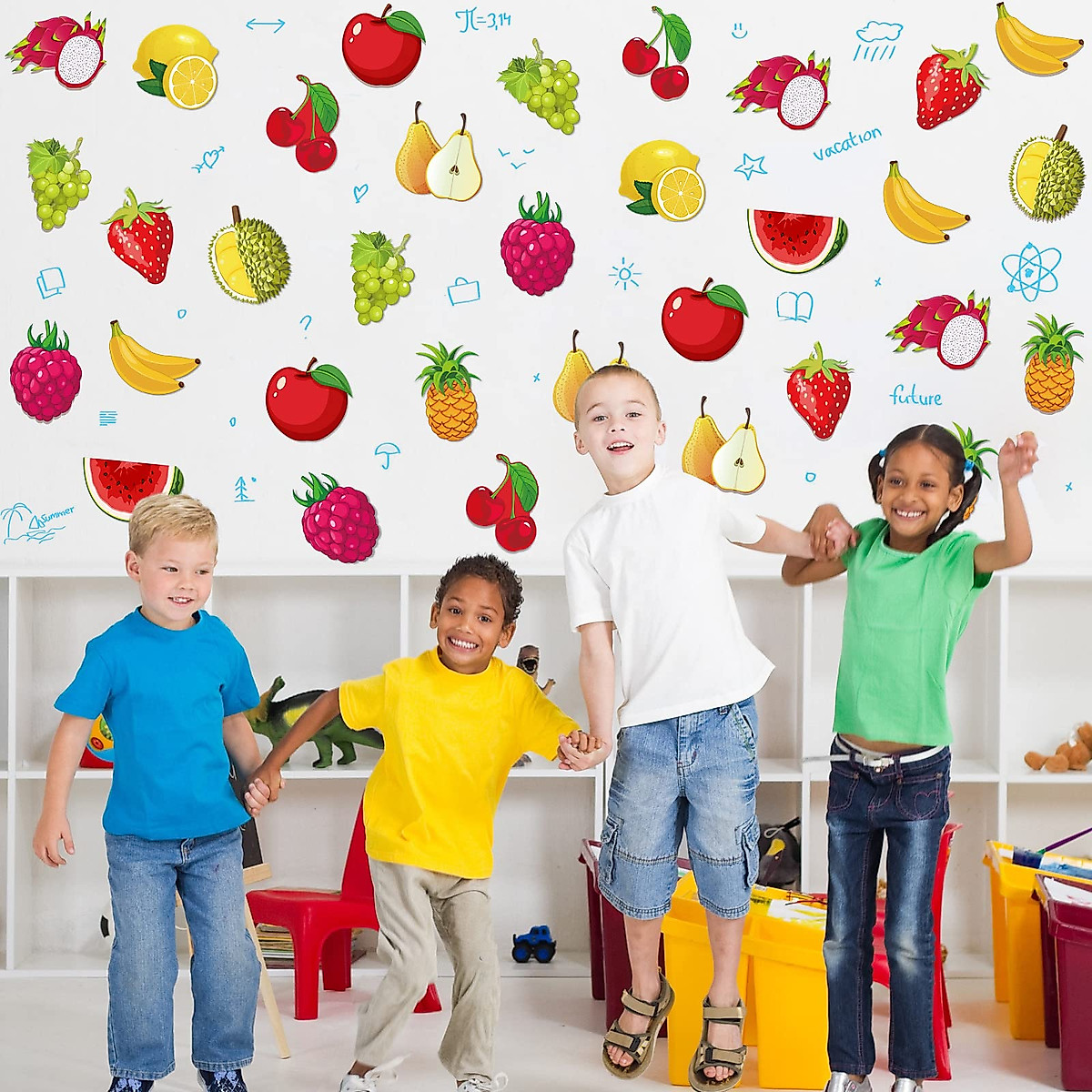 48 Pcs Tutti Frutti Party Colorful Fruit Cutouts Lemon Cutout Strawberry Pineapple Apple Watermelon Grape Cutout for Classroom Bulletin Board Wall Tropical Fruit Hawaiian Luau Beach Summer Party Decor