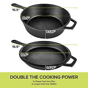 Modern Innovations 3-in-1 Dutch Oven, Cast Iron Pan (3.2QT) and Cast Iron Skillet (1.6QT) Combo, Cast Iron Pan with Lid, Preseasoned Cast Iron Pots and Pans Set, RV or Lodge Camping Cast Iron Set