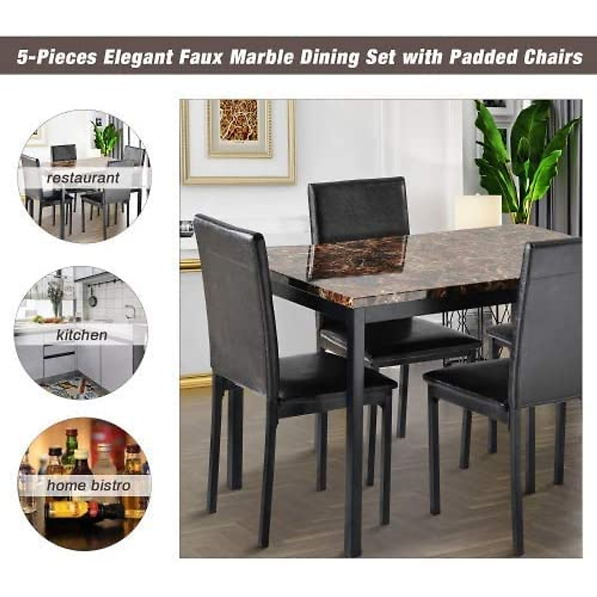 MOEO Furniture 5 Piece Kitchen and Dining Table Set for 4, Faux Marble Top Diningtable with 4 PU Leather Chairs, Breakfast Nook, Bar, Living Room, Black 2