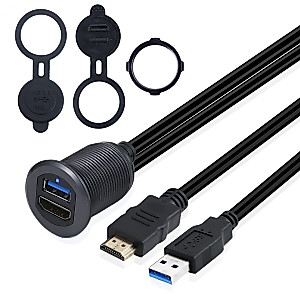 Kework USB 3.0 & HDMI Mount with Light, 3.3ft USB 3.0 Male to Female & HDMI 4K Male to Female Flush Panel Dashboard Mount Extension Cable for Car Truck Boat Motorcycle, Metal Shell, Gray