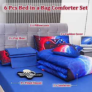ASKOTU Gaming Bedding Sets for Boys Girls Kids, Red Blue Lightnings Game Console 6 Pcs Bed in A Bag Full Size Comforter Sets with Sheets