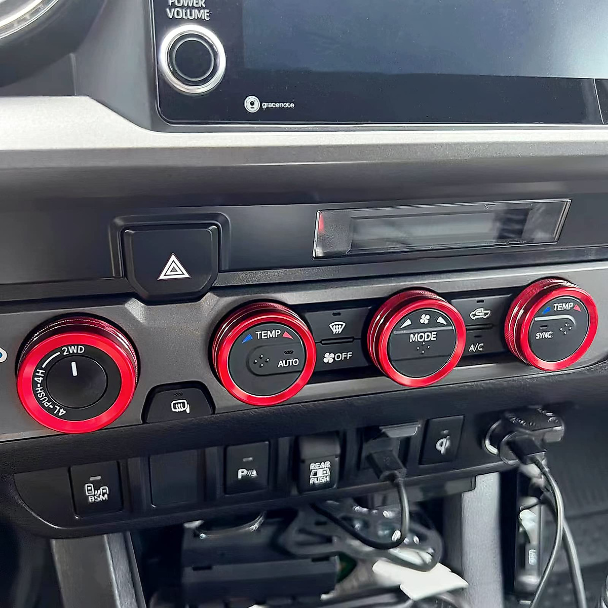 JKCOVER Interior Decorated Button Knob Covers Compatible with Toyota Tacoma 2023 2022 2021 2020 2019 2018 2017 2016, 4WD Temp Air Conditioner AC Switch Audio CD Aluminum Alloy Knob Ring (Red,4pcs)