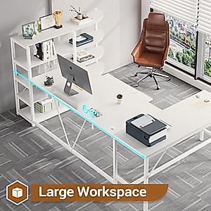 SEDETA L Shaped Computer Desk, 65'' Corner Gaming Desk with Keyboard Tray & LED Lights, L Shaped Desk with Storage Shelves, Monitor Stand and Headphone Hook for Home Office, White