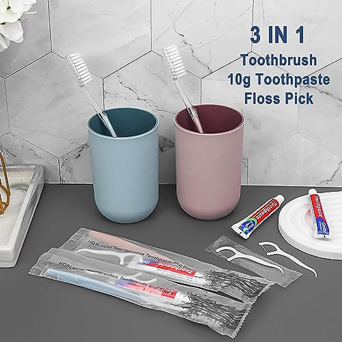 HQSLsund 50pcs Disposable Toothbrushes with Toothpaste Floss Individually Wrapped, 2 Color Disposable Toothbrush, 10g Toothpaste, Dental Floss Pick, Bulk Toothbrush Kit for Homeless,Airbnb,Hotel