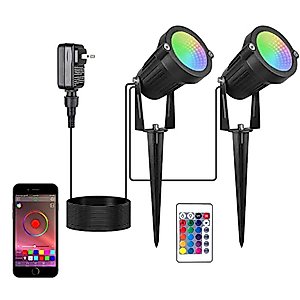 Color Changing Spot Light Outdoor, IP65 Waterproof Yard Spotlights, 12W RGB Christmas Decorate Landscape Lights APP & Remote Control Metal Case Spiked Stand for Houses Garden Trees Flags (2 Pack)