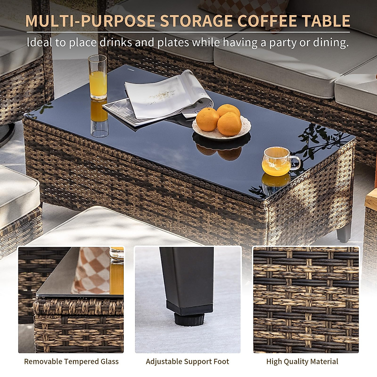 MEISSALIVVE Patio Furniture Sets, 6 Pieces Outdoor Rattan Furniture Conversation Sets with 2 Wood Armrests Swivel Rocker Chairs, 2 Ottoman, 3-seat Sofa and Coffee Table(Brown)