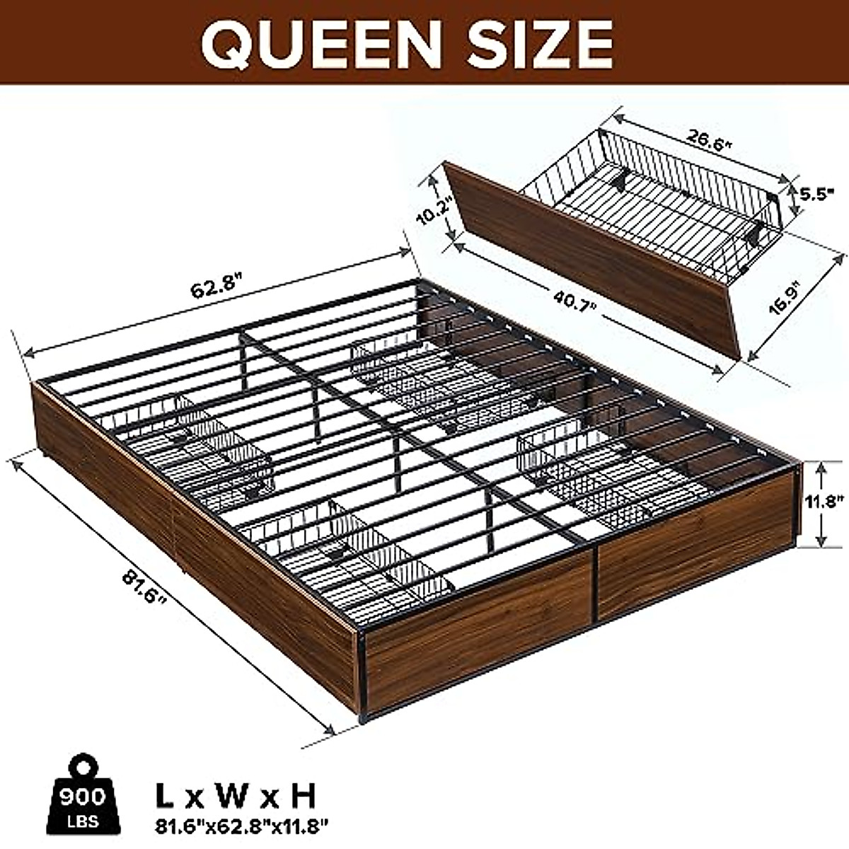 HAUSHECK Queen Size Bed Frame, Queen Platform Bed w/ 4 Large Storage Drawers on Wheels, Metal Bedframe No Box Spring Needed w/Strong Metal Slat Support Mattress Foundation for Kids, Teen & Adults