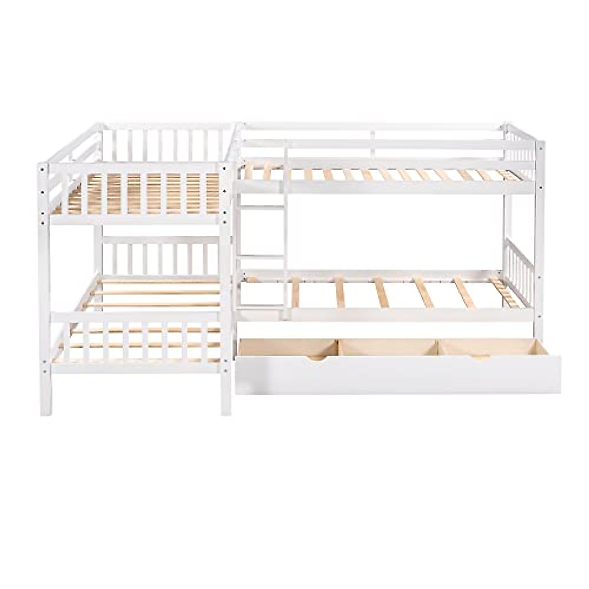 HYC L-Shaped Bunk Bed with Drawers, Bunk Bed for 4 Twin Over Twin for Boys Girls Kids Teen Wood Quad Bunk Beds Frame, White