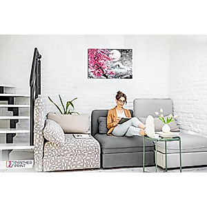 Panther Print, Canvas Prints, Framed Wall Art for Bedroom & Living Room, Modern Home Decor, Pink Black & White Oil Painting Japanese Cherry Blossom Landscape, Print for Special Occasions (31x20cm)