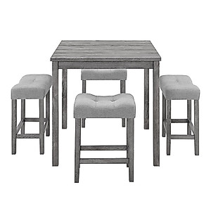 GLANZEND 5 Piece Square, Industrial Breakfast Table + 4 Upholstered Stools, Bistro Dining Set, for Living, Small Apartment, Farmhouse, Game Room, Gray