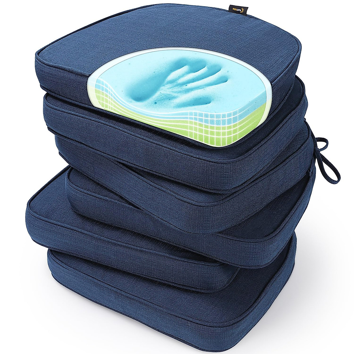 SUNROX Gel Memory Foam Chair Cushions, FadeShield Water-, Stain-Resistant Durable Reversible Seat Cushion Pads with Ties for Indoor/Outdoor Kitchen Dining Office 17"x16" Set of 6, Navy