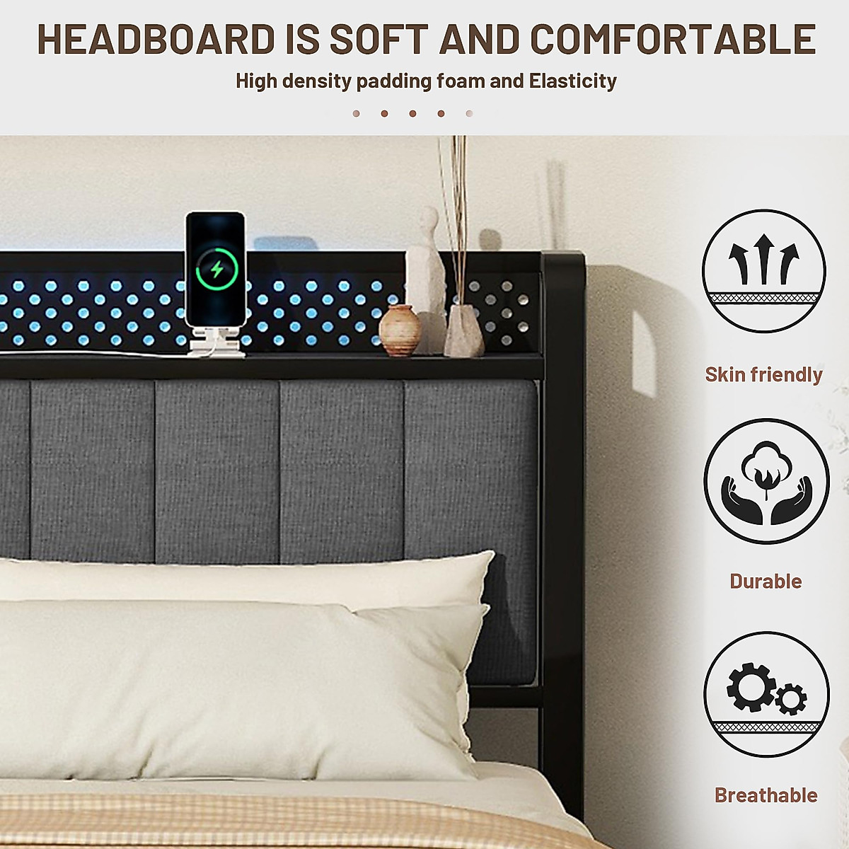 Queen Bed Frame with 4 storage drawers and LED light, LED Bed Frame Queen Size with Shelf Storage Headboard, Upholstered Platform Bed with LED Lights, Solid Wood Slats, Stable Structure (Dark Grey)