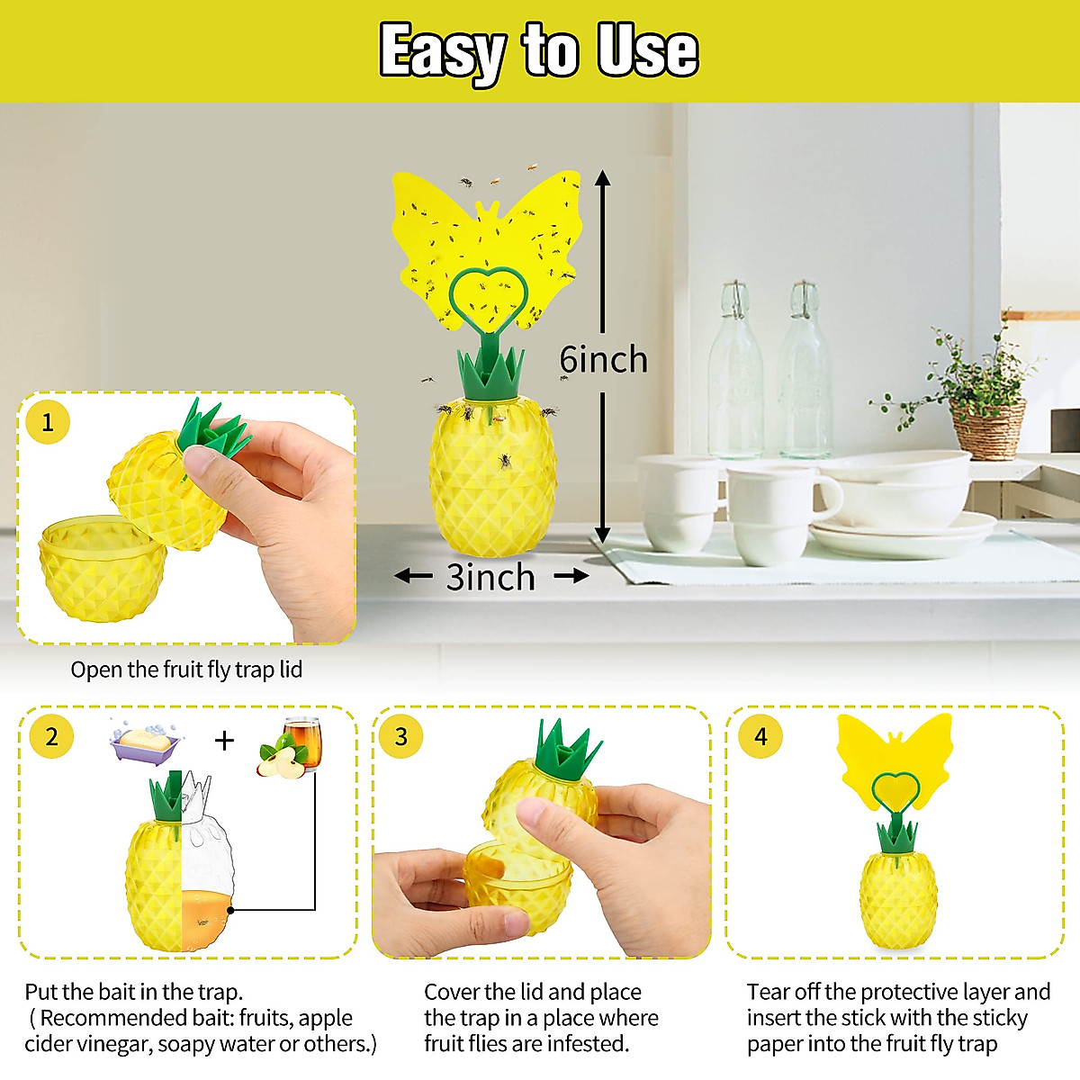 Fly Trap for Indoors, Fruit Fly Trap with Yellow Double Side Sticker, Fruit Fly Killer, Non-Toxic Fly Catcher Gnats Trap Comes with Fruit Fly Attractants for Home/Plant/Kitchen