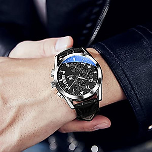 Men's Watches Black Face Silver Bezel Quartz Chronograph Watch for Men Arabic Number Luxury Mens Faux-Leather Bracelet Watches Multi-Function Easy Wear Classic Men Gifts for Him Watch Reloj De Hombre