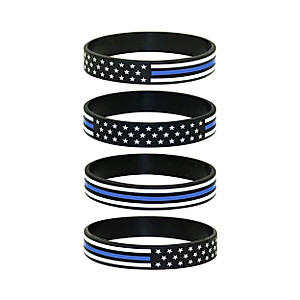 Great 1 Thin Blue Line American Flag Silicone Stretchable Bracelet 4-Pack - Police Law Enforcement