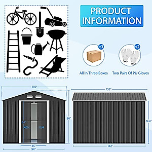 HOGYME 8.5 x 13 FT Large Outdoor Storage Shed, Tall Metal Garden Sheds for Bike, Lawnmower, Garbage Can, Sheds & Outdoor Storage for Backyard Patio Lawn with Lockable Doors and Air Vents, Deep Gray