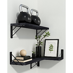 BAYKA Wall Shelves for Bedroom Decor, Floating Wall Shelves for Living Room Kitchen Storage, Wall Mounted Rustic Wood Floating Shelves for Kids Books, Small Shelf for Bathroom(Black，Set of 3)
