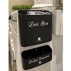 A.J.A. & MORE Lint Holder Bin with Magnetic Strip and Pocket Treasures Bin Magnetic Coin Holder (2 Piece Set) for Laundry Room Organization or Laundry Room Décor (Matte Black)