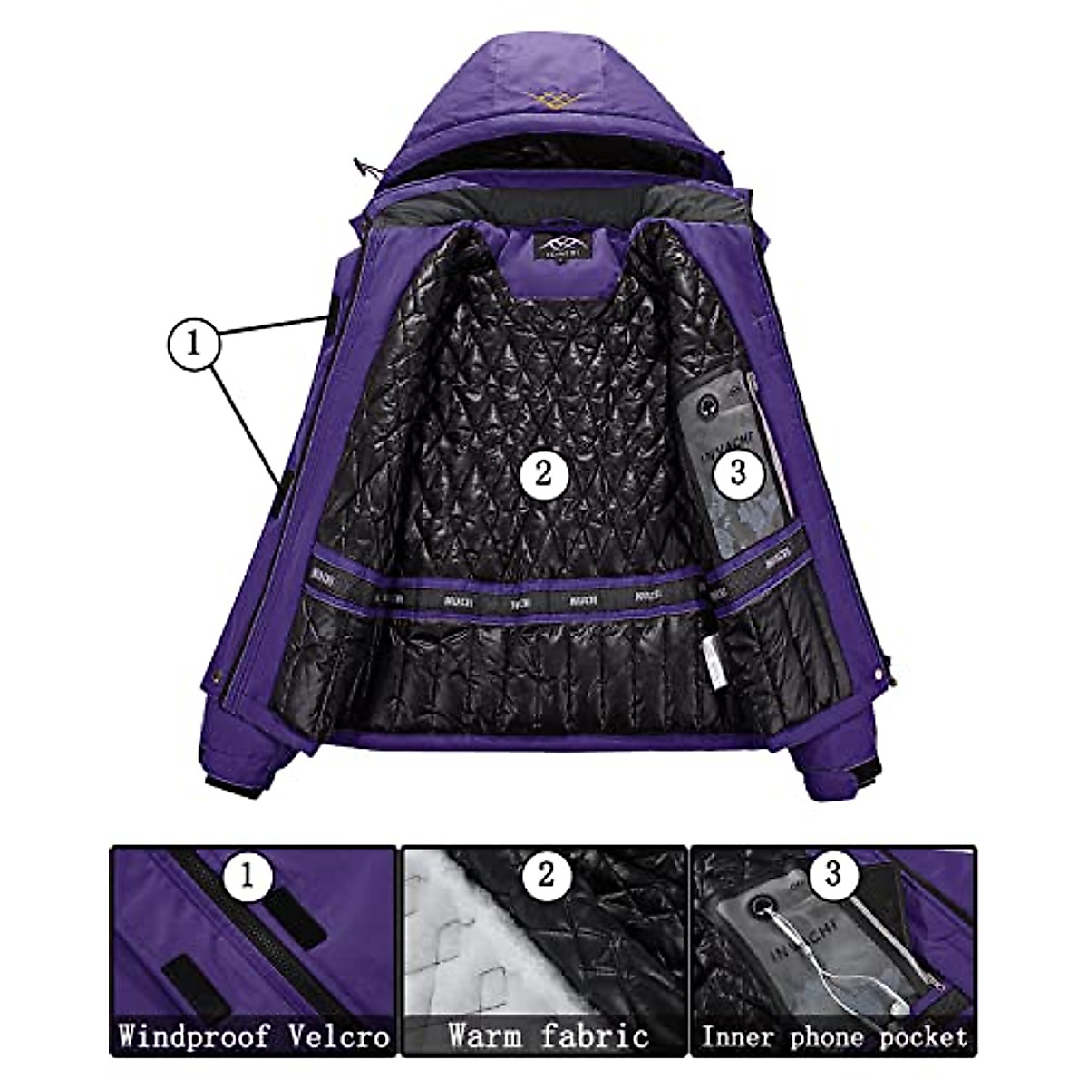 INVACHI Ladies Ski Jackets Waterproof Windproof Winter Coat With Detachable Hood