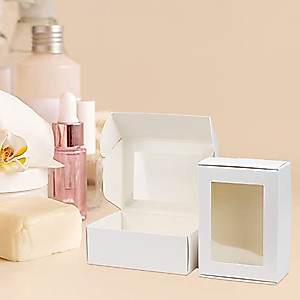 BadenBach 50 Pack Small Rectangle Kraft Paper Boxes with Clear Windows,3.33" x 2.35" x 1.18",Mini Soap Present Treat Gift Box for Bakery Candy,Chocolate Packaging Jewelry Display Wedding Party Favor (White)