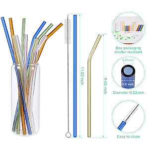 [12 Pcs] Reusable Colorful Long Glass Straws - 11" x 8mm and 9" x 8mm Shatter Resistant Each Including 3 Straight and 3 Bent with 2 Cleaning Brush Perfect for 30 oz 20 oz Tumblers Juice Coffee