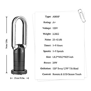 Ocean Loong Bladeless Tower Fan and Air Purifier in one, 9 Speeds & 9 Hs Timer Quiet Cooling Fan, 120 ° Oscillating Bladeless Fan with Remote, 29 inch Powerful Floor Fan for Bedroom Room -Gray