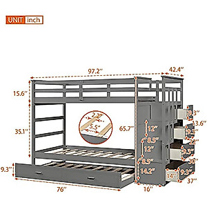 STP-Y Solid Wood Bunk Bed Frame No Box Spring Needed with Guardrails, Ladder and Storage Stairs for and Teens Platform, Twin Over Full, Gray (Color : Grey with Hiden Drawers)