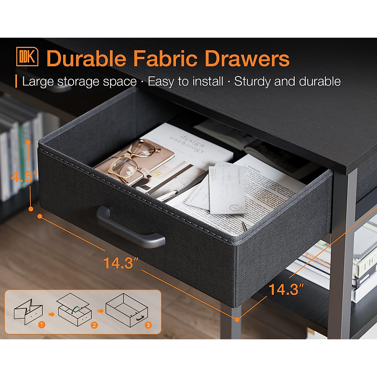 ODK Office Small Computer Desk: Home Table with Fabric Drawers & Storage Shelves, Modern Writing Desk, Black, 48"x16"