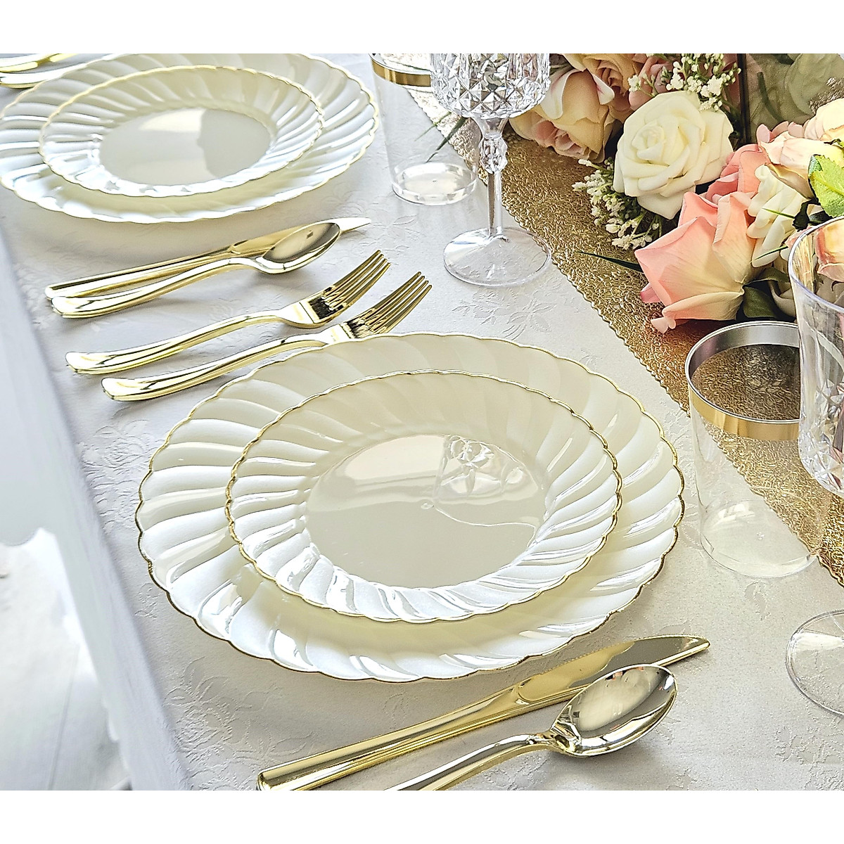 " OCCASIONS " 50 Plates Pack (25 Guests)-Vintage Wedding Party Disposable Plastic Plate Set -25 x 10.25'' Dinner + 25 x 7.5'' Salad/dessert plates (Blossom Ivory & Gold)