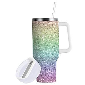 Wfrish Rainbow Shiny Glitter Stripes 30 oz Tumbler with Handle and Straw Lid, Sparkle Insulated Coffee Cup Reusable Stainless Steel Water Bottle Travel Mug Cupholder Friendly,Gifts for Women Men