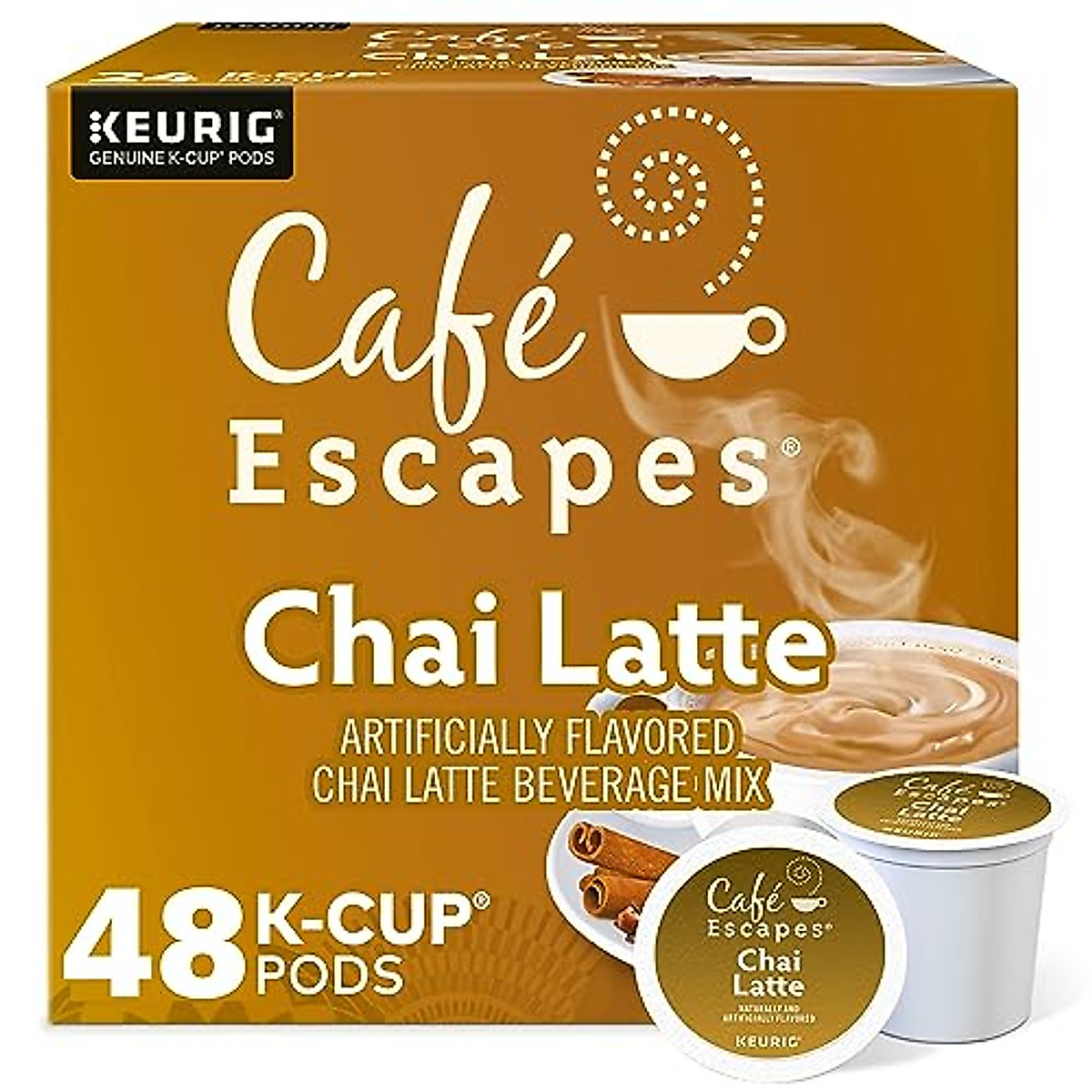 Cafe Escapes, Chai Latte Tea Beverage, Single-Serve Keurig K-Cup Pods, 48 Count (2 Boxes of 24 Pods)
