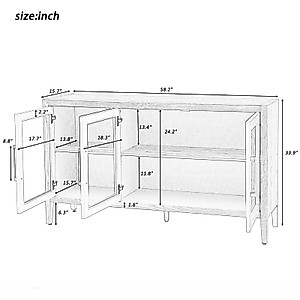 VKKILPEE 58" Black Accent Cabinet with Three Tempered Glass Doors, Wood Buffet Sideboard Floor Cabinet Sideboard with Adjustable Shelf, Multifunctional Storage Cabinet for Collections, Display