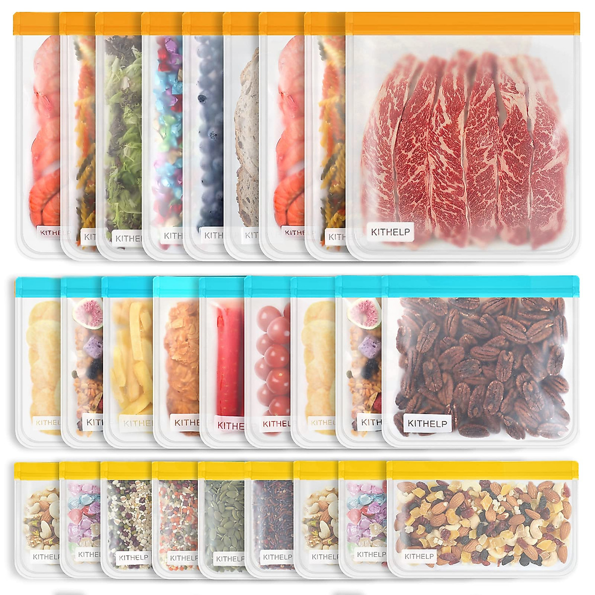 KITHELP 27 Pack Reusable Storage Bags BPA Free, Leak-proof Freezer Bags (9 Reusable Gallon Bags + 9 Reusable Sandwich Bags + 9 Reusable Snack Bags) Washable Eco-Friendly Lunch Bags