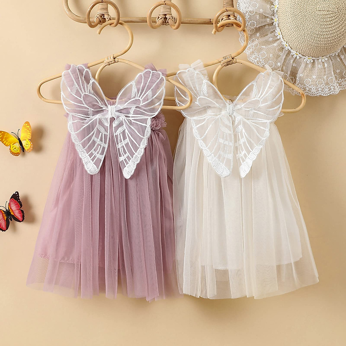 Toddler Baby Girls Princess Butterfly Wings Fairy Dresses Layered Sleeveless Tulle Tutu Dress Birthday Party Casual Outfit (Pink, 18-24 Months)