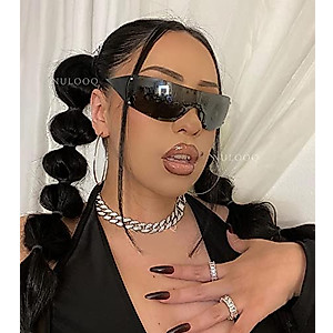 NULOOQ Rimless Y2K Sunglasses for Women Men Trendy Shield Wrap Around Sun Glasses Oversized Frameless Shades (Black/Gray)