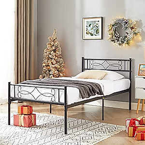 VECELO Twin Size Bed Frame Metal Platform/Mattress Foundation with headboard Footboard/Steel Slat Support/No Box Spring Needed/Easy Assembly