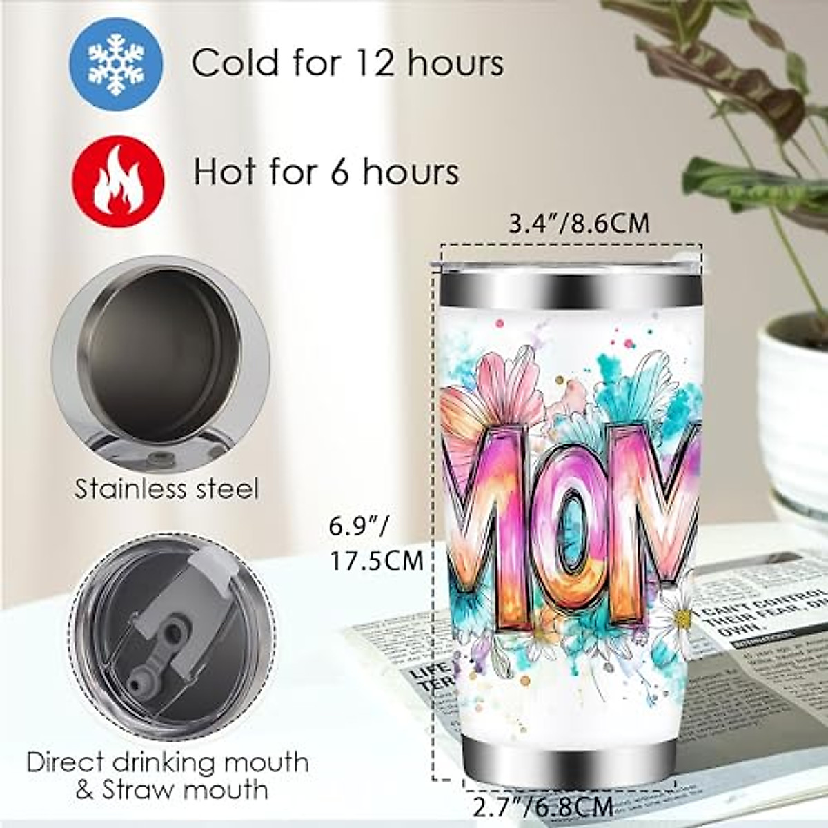 FOCIUZTA 20oz Colorful Watercolor Floral Artistic Tumbler with lid, Travel Coffee Cup, Ideal for Easter, Mother Day, and birthday gifts