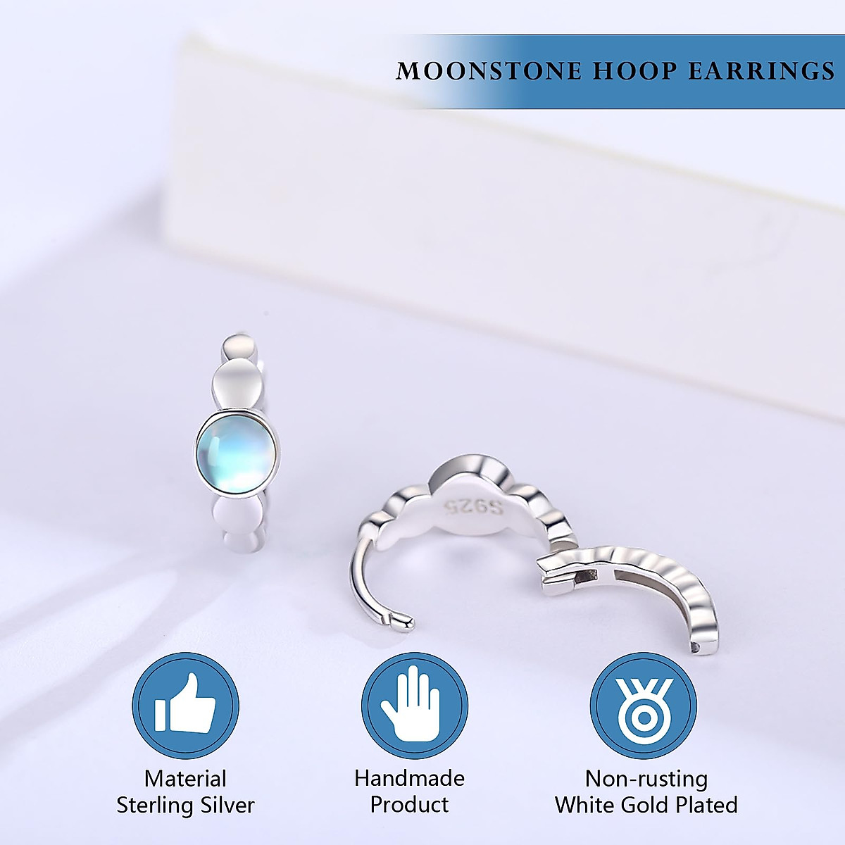 Moonstone Earrings 925 Sterling Silver 10mm Moonstone Hoop Earrings Minimalist Hypoallergenic Silver Huggie Earrings for Sensitive Ears Moonstone Jewelry Gift for Women