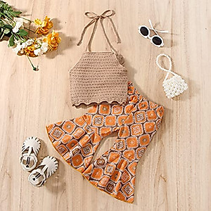 Toddler Baby Girl Summer Clothes Flower Halter Crop Top Rainbow Flared Pants Bell Bottoms Cute Boho Birthday Outfit (Khaki Boho, 6-12 Months)